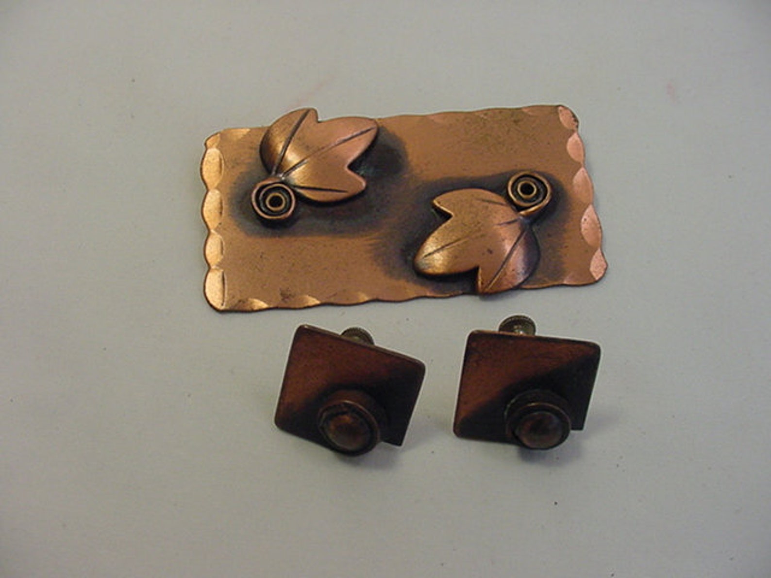 Vintage Artist Signed Copper Rectangle Leaf Brooch & Screw on Earrings ...
