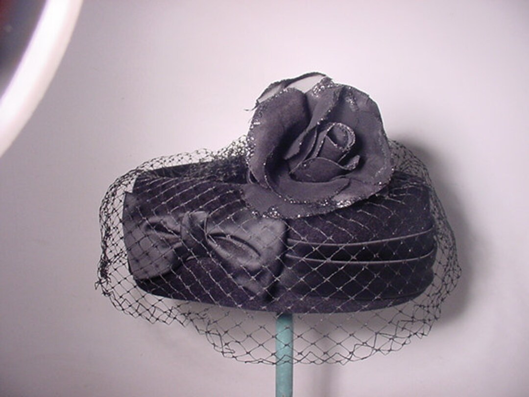 Vintage Ferncroft Ladies Black Velour Hat With Lace & Removable Flower ...