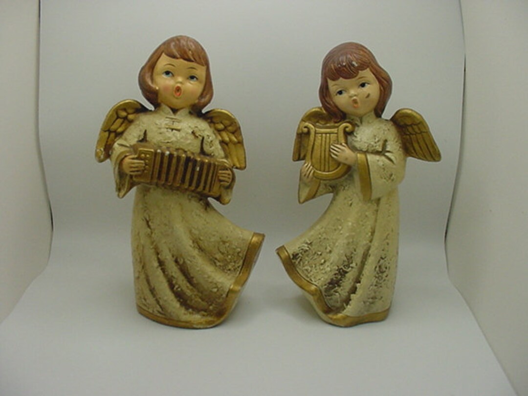 Set of 2 Vintage Angels With Musical Instruments Christmas Decorations ...