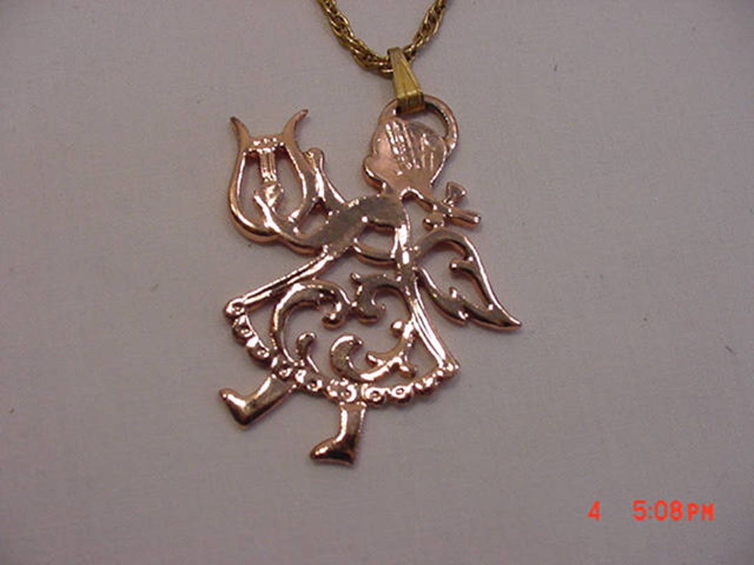 Vintage Coppercraft Guild Copper Gems Angel With Harp Pendant Necklace ...