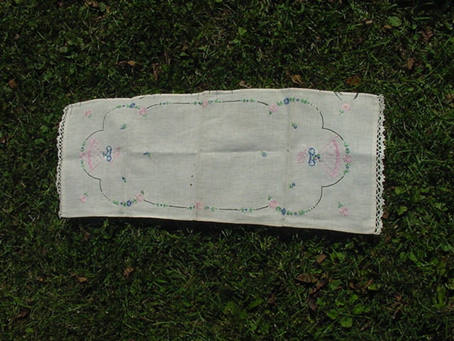 Vintage Finished Hand Embroidered Table Runner With Woman in Hoop Skirt ...