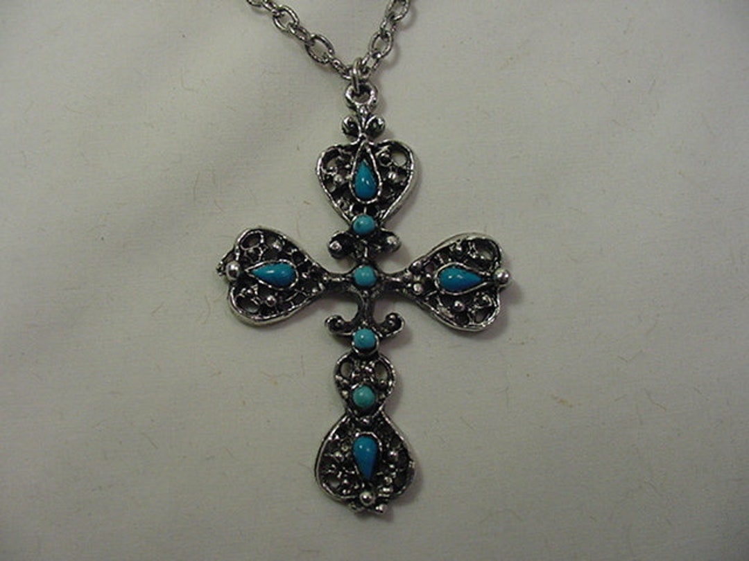 Vintage Faux Turquoise Religious Cross Necklace 19 - 752 - Etsy