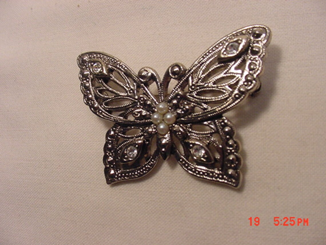 Vintage Butterfly Brooch With Rhinestone & Faux Pearl Accents | Etsy