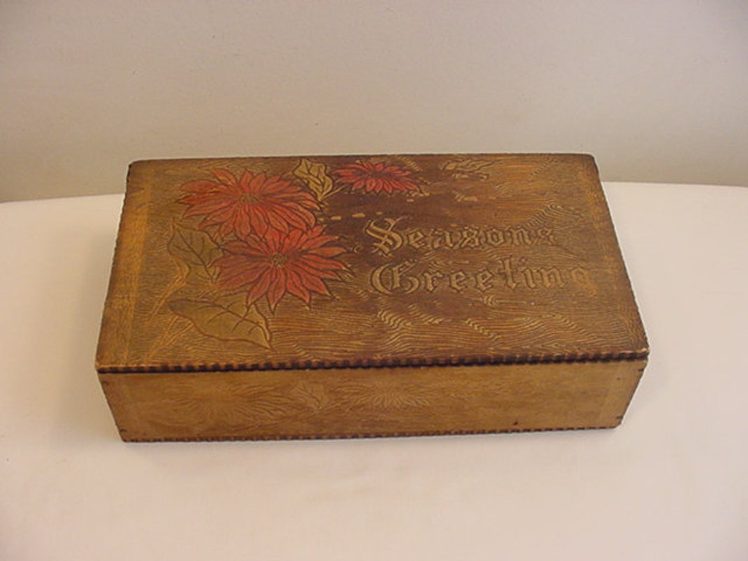 Vintage Christmas Seasons Greetings Wood Pyrography Flemish Art Box 23 ...