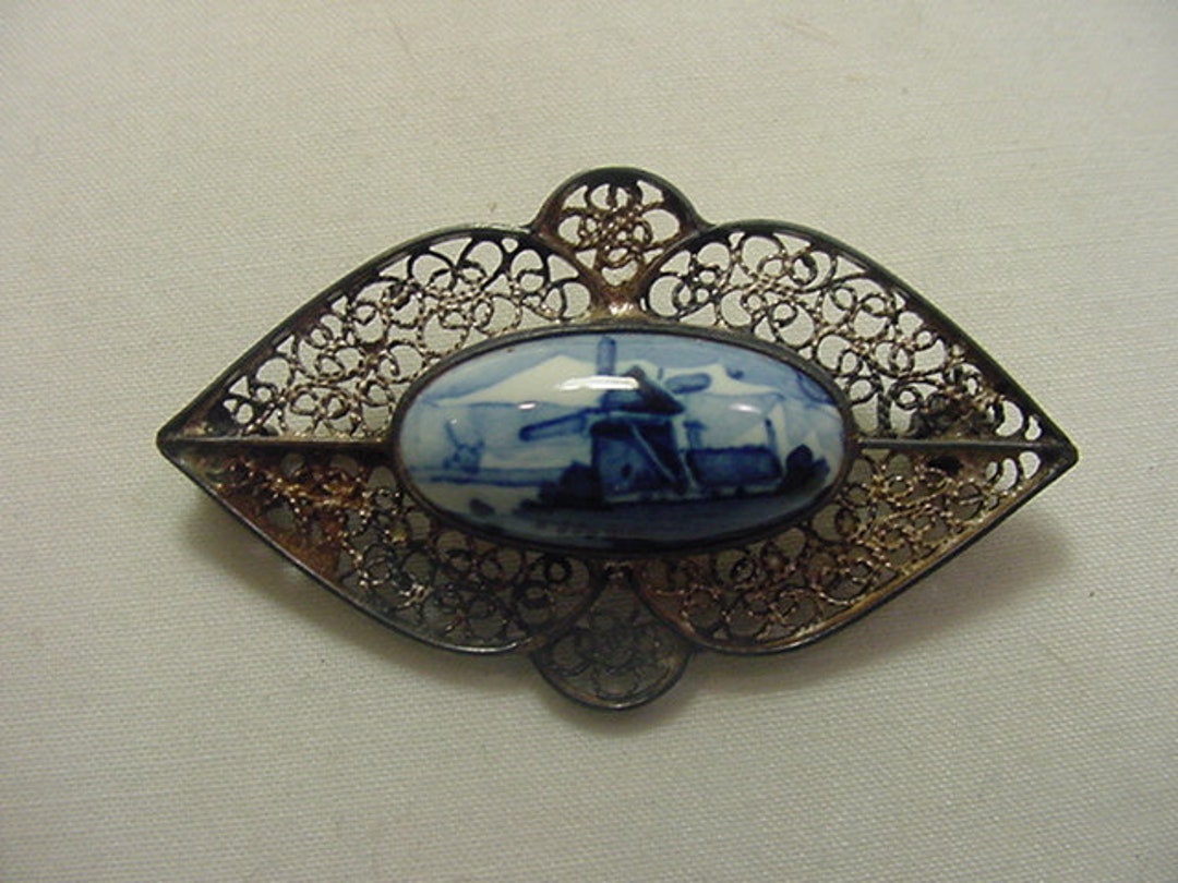Vintage Blue Delft Windmill Filigree Brooch 20 - 99 - Etsy