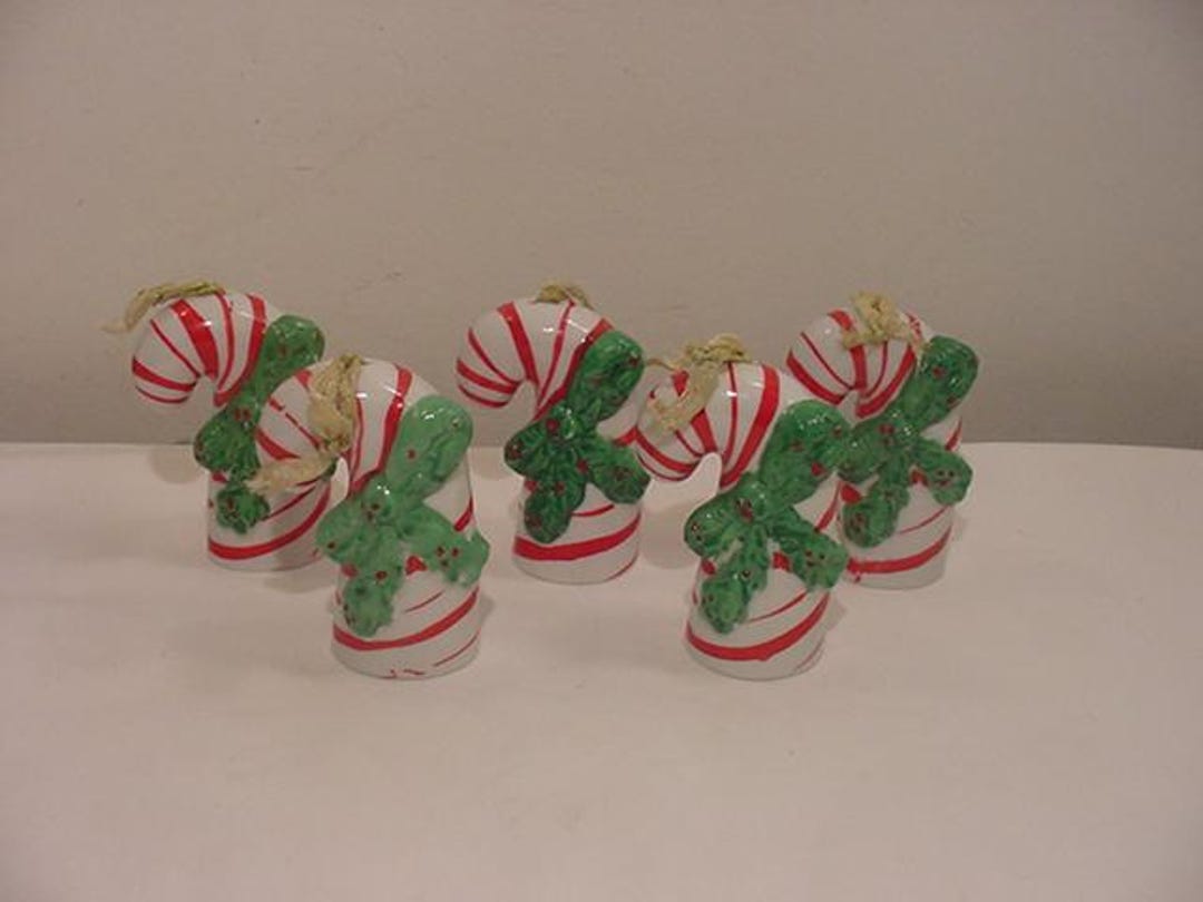 Set of 5 Vintage Japan Ceramic Candy Cane Bell Christmas Ornaments 24 ...