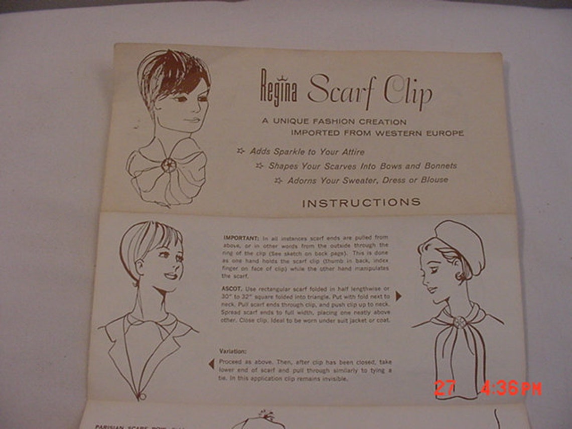 2 Vintage 1960's Era Instruction Sheets on the Many Ways to Use Scarf ...