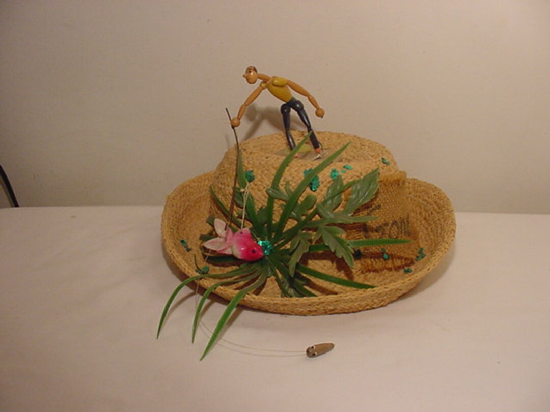 Vintage Maybelle Marie Birch Whimsical Novelty Gone Fishing Straw Sun ...