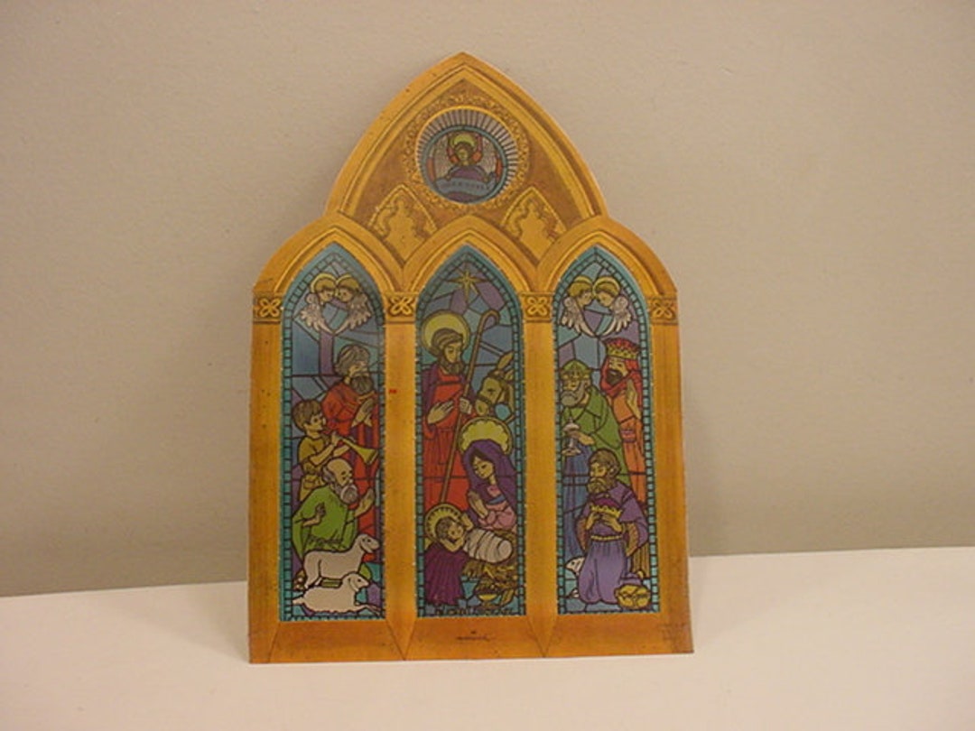 Vintage Hallmark Flat Nativity Faux Paper Stain Glass Nativity Scene 23 ...