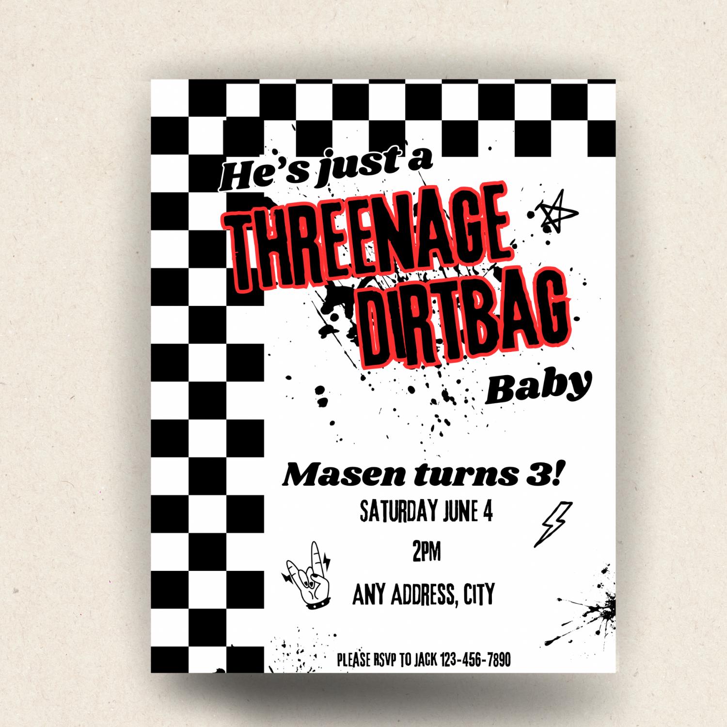 Threenage Dirtbag Birthday Invitation Template - Etsy