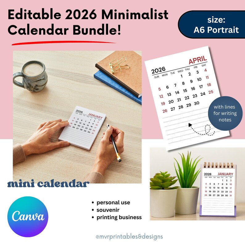 Editable 2026 Minimalist Calendar Bundle for Personal Use and Printing ...