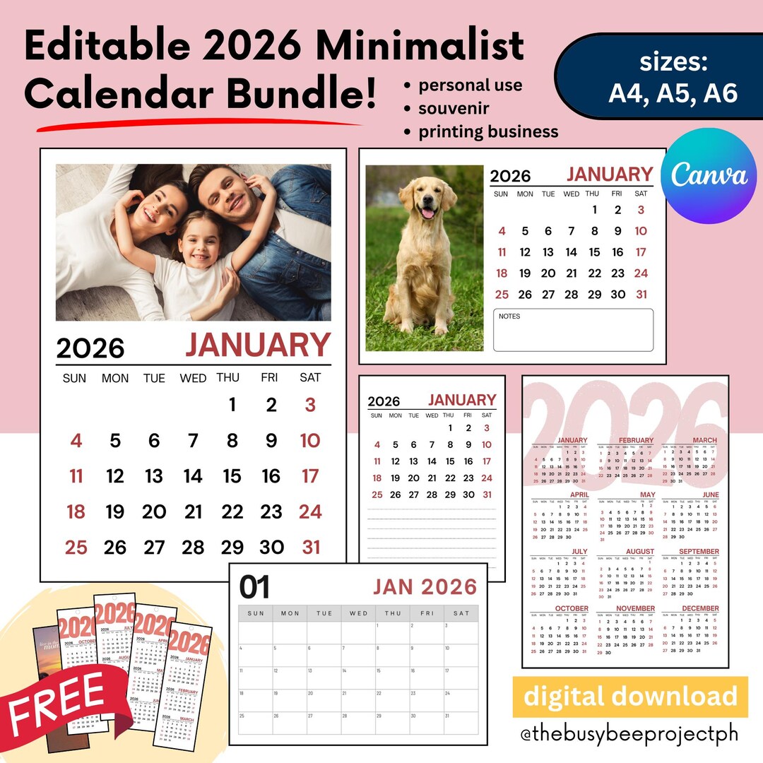 Editable 2026 Minimalist Monthly Calendar Bundle for Personal Use and ...