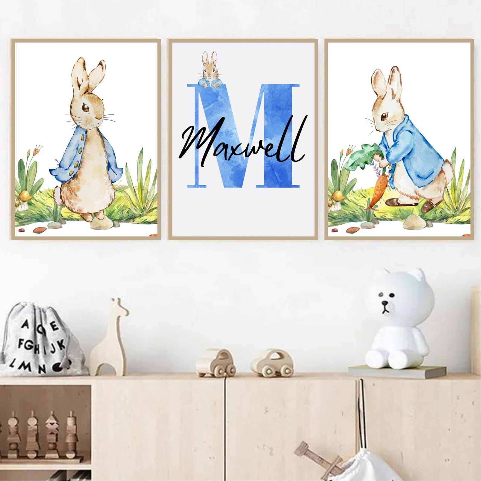 Blue Peter Rabbit Theme Wall Art for Kids Room With Initials Digital ...