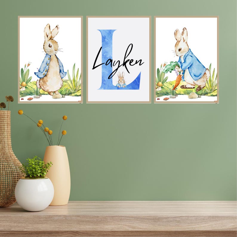 Blue Peter Rabbit Theme Wall Art for Kids Room With Initials Digital ...