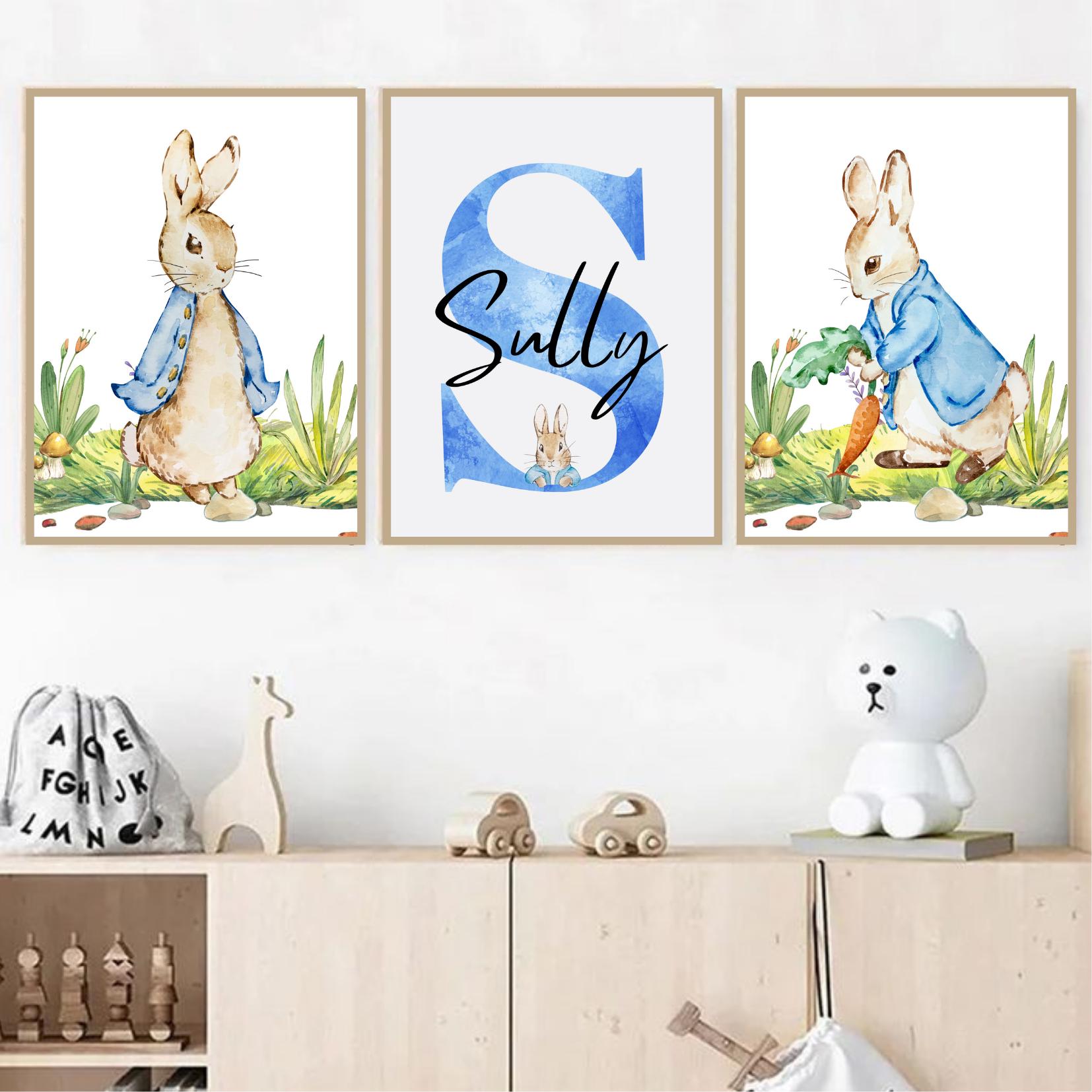 Blue Peter Rabbit Theme Wall Art for Kids Room With Initials Digital ...