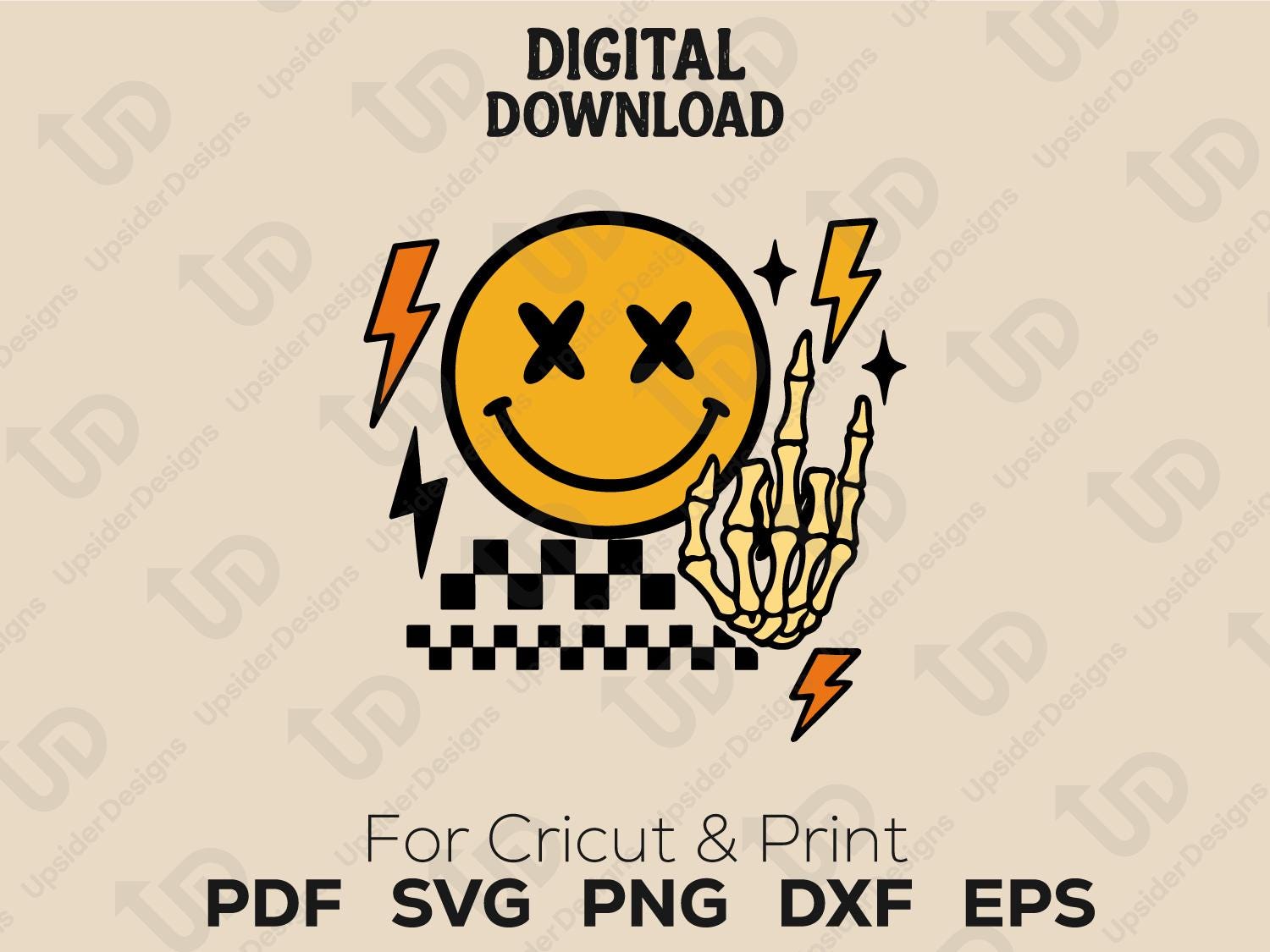 Grunge Smiley Face SVG, Skeleton Hand Rock Sign Cut File, Lightning ...