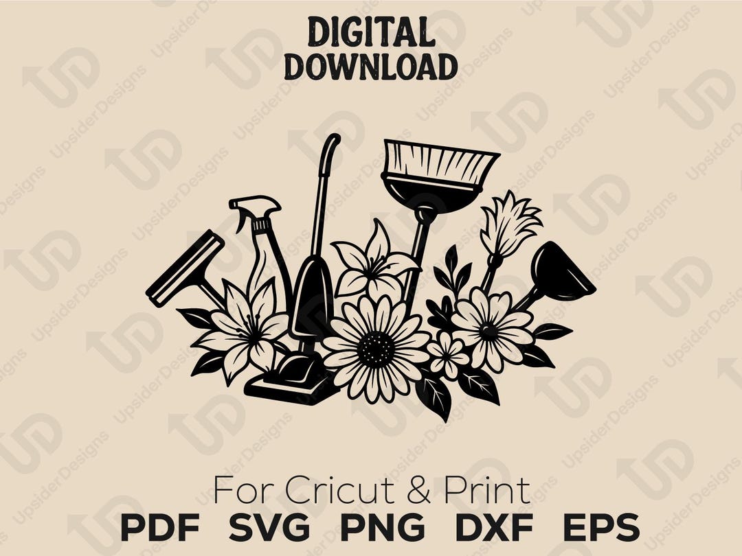 Floral Cleaning Tools SVG Bundle, Retro Housekeeper Clipart Cricut ...