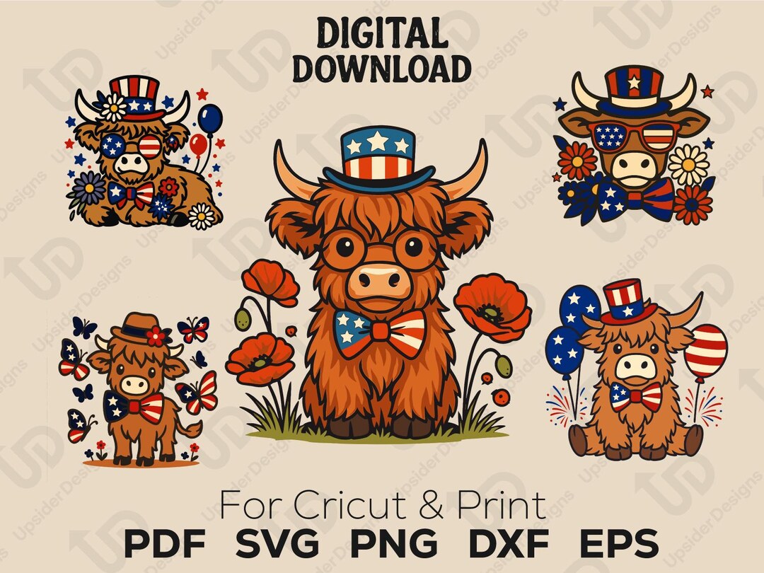Patriotic Highland Cow SVG Bundle | USA Flag Cattle Clipart for Cricut ...