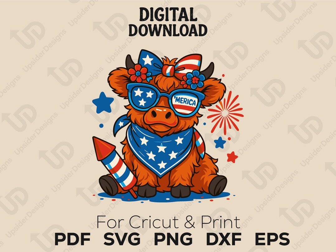 Patriotic Highland Cow SVG Png Dxf – MERICA 4th of July Cow Cut File ...