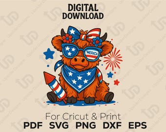Patriotic Highland Cow SVG Png Dxf – MERICA 4th of July Cow Cut File ...