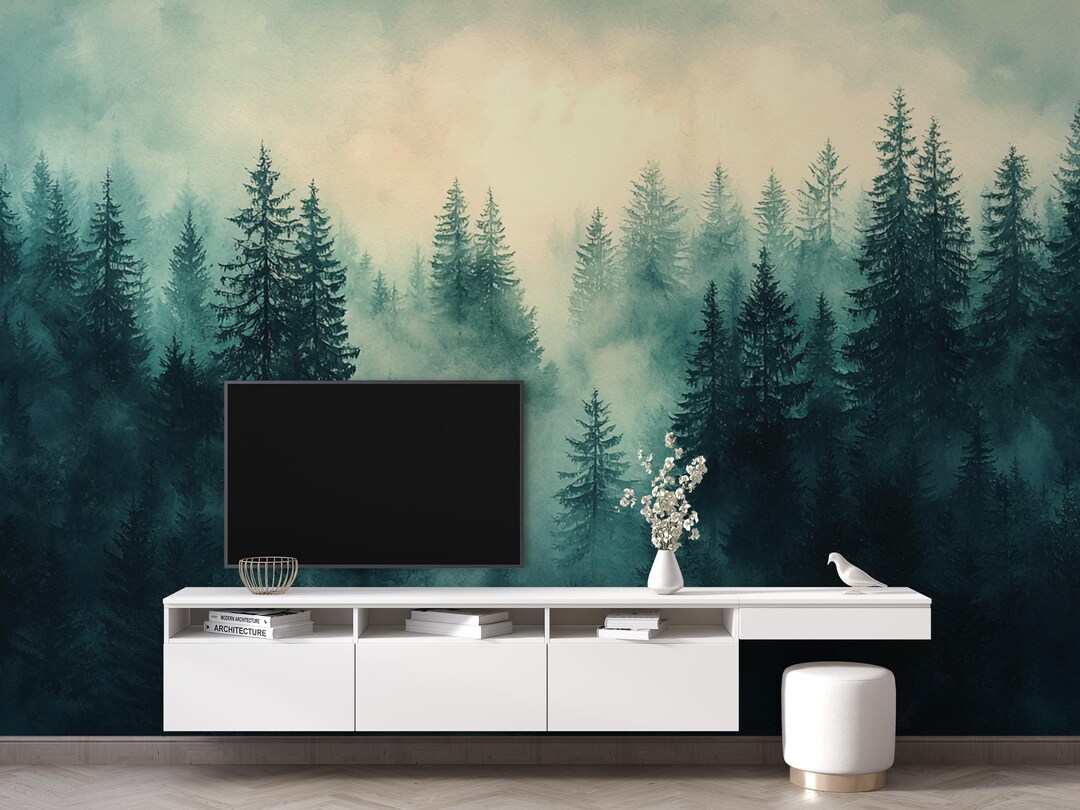 Emerald Mist | Dark Forest Mural | Moody Evergreen Wallpaper | MU6 - Etsy