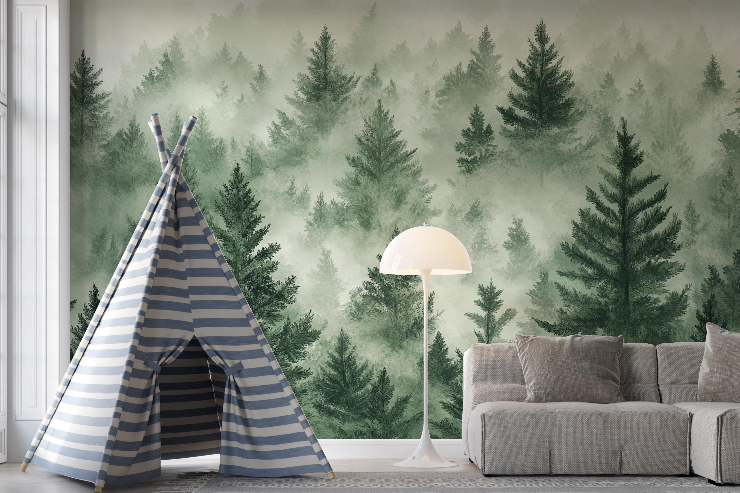 Emerald Pines Forest Mural | Dark Green Pine Tree Wallpaper | Misty ...