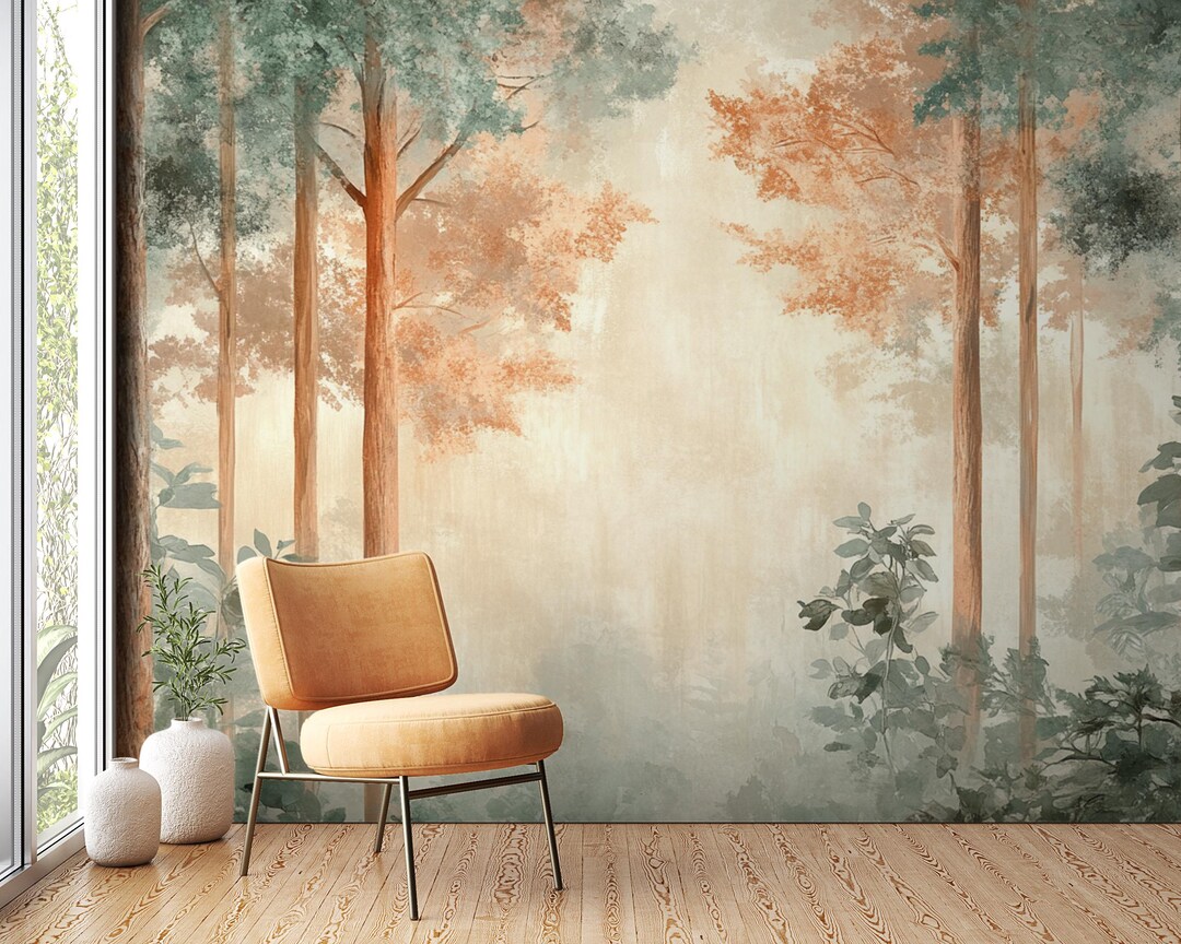 Whispering Terracotta Grove | Green and Burnt Orange Tree Mural ...