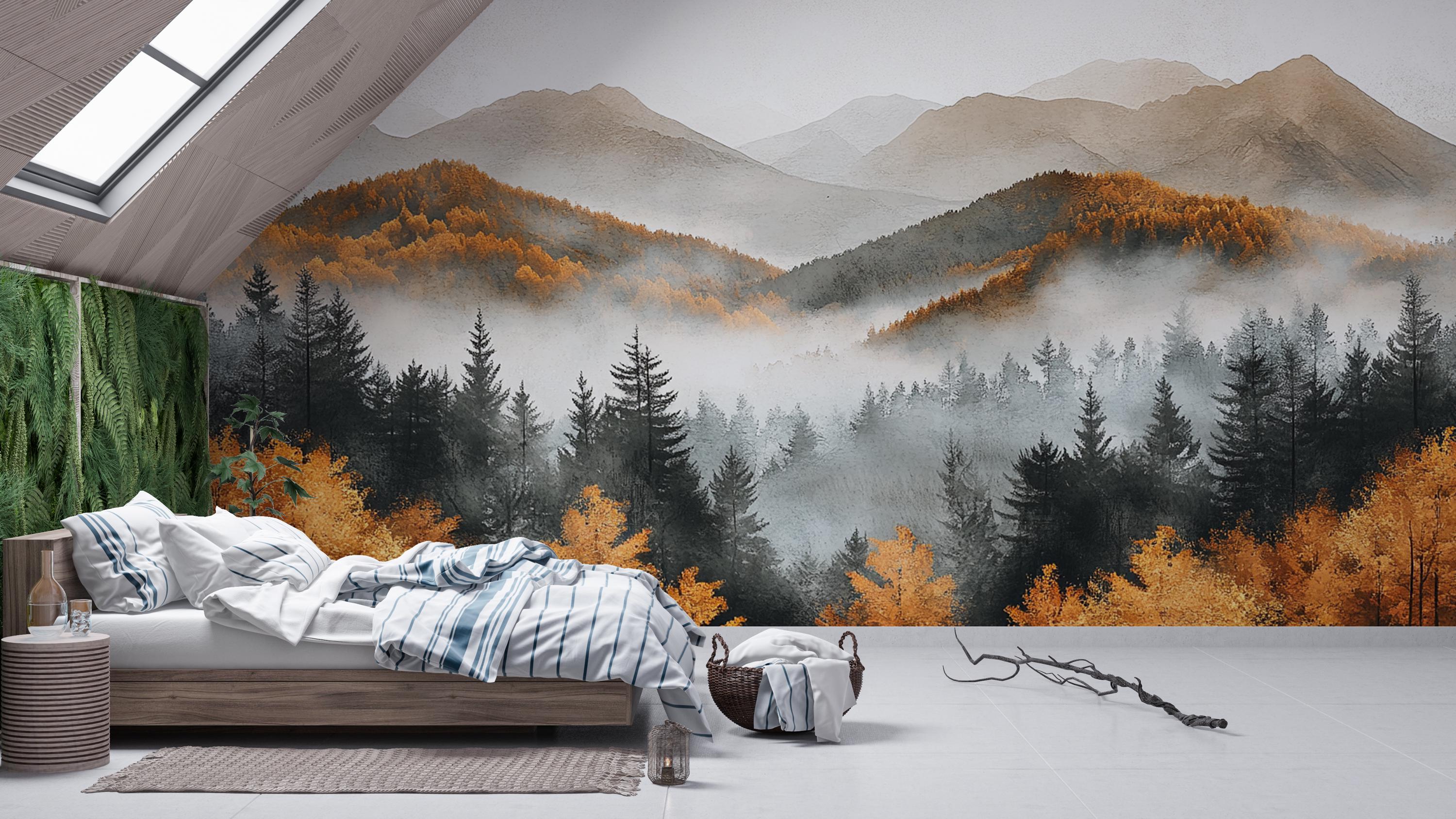Amber Veil | Autumn Mountain Forest Mural | Misty Fall Landscape ...