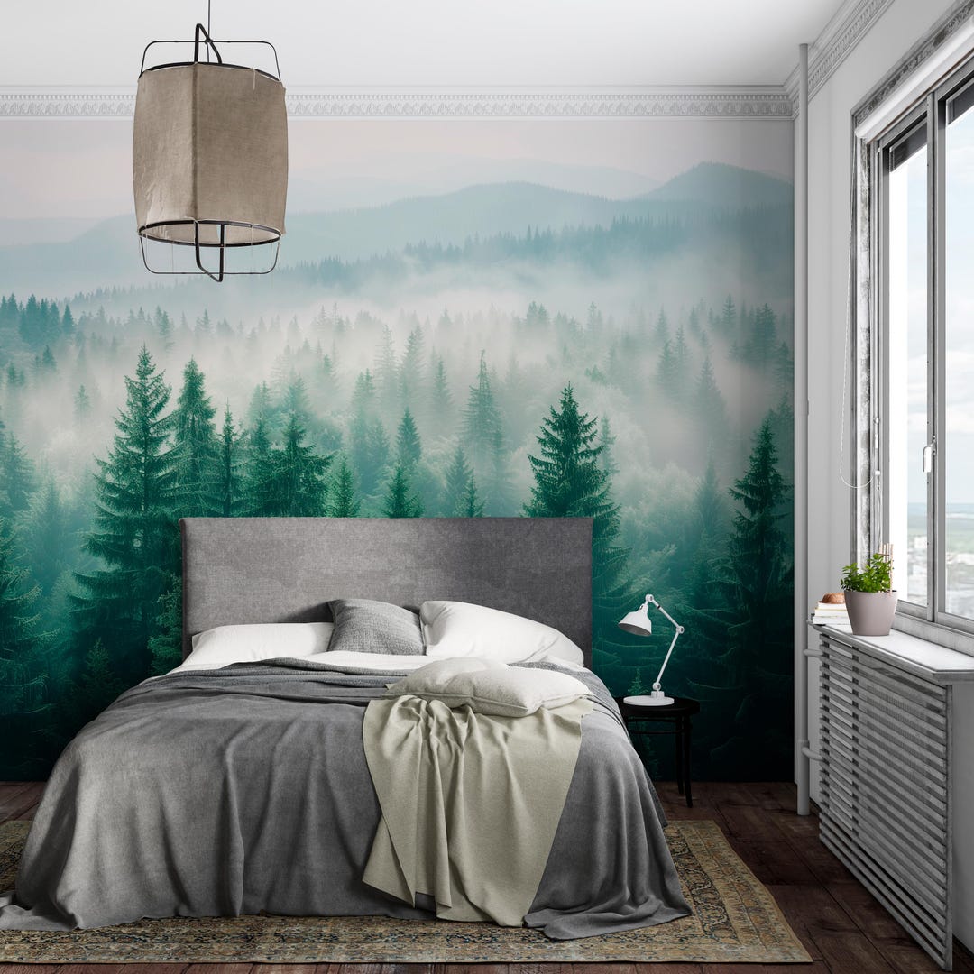 Verdant Haze | Deep Green Forest Mural | Misty Pine Landscape Peel and ...