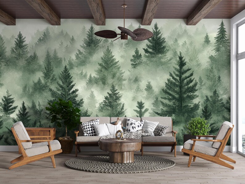 Emerald Pines Forest Mural | Dark Green Pine Tree Wallpaper | Misty ...