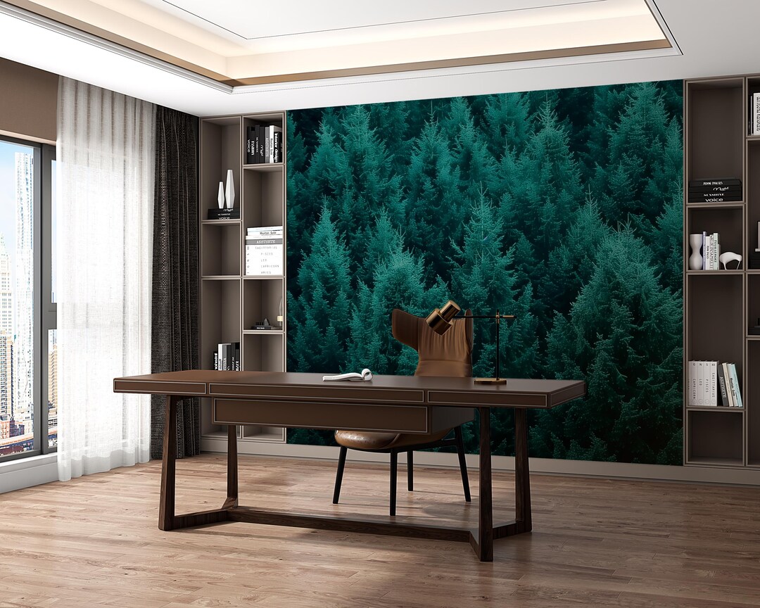 Evergreen Depth | Dark Green Forest Mural | Pine Tree Peel and Stick ...