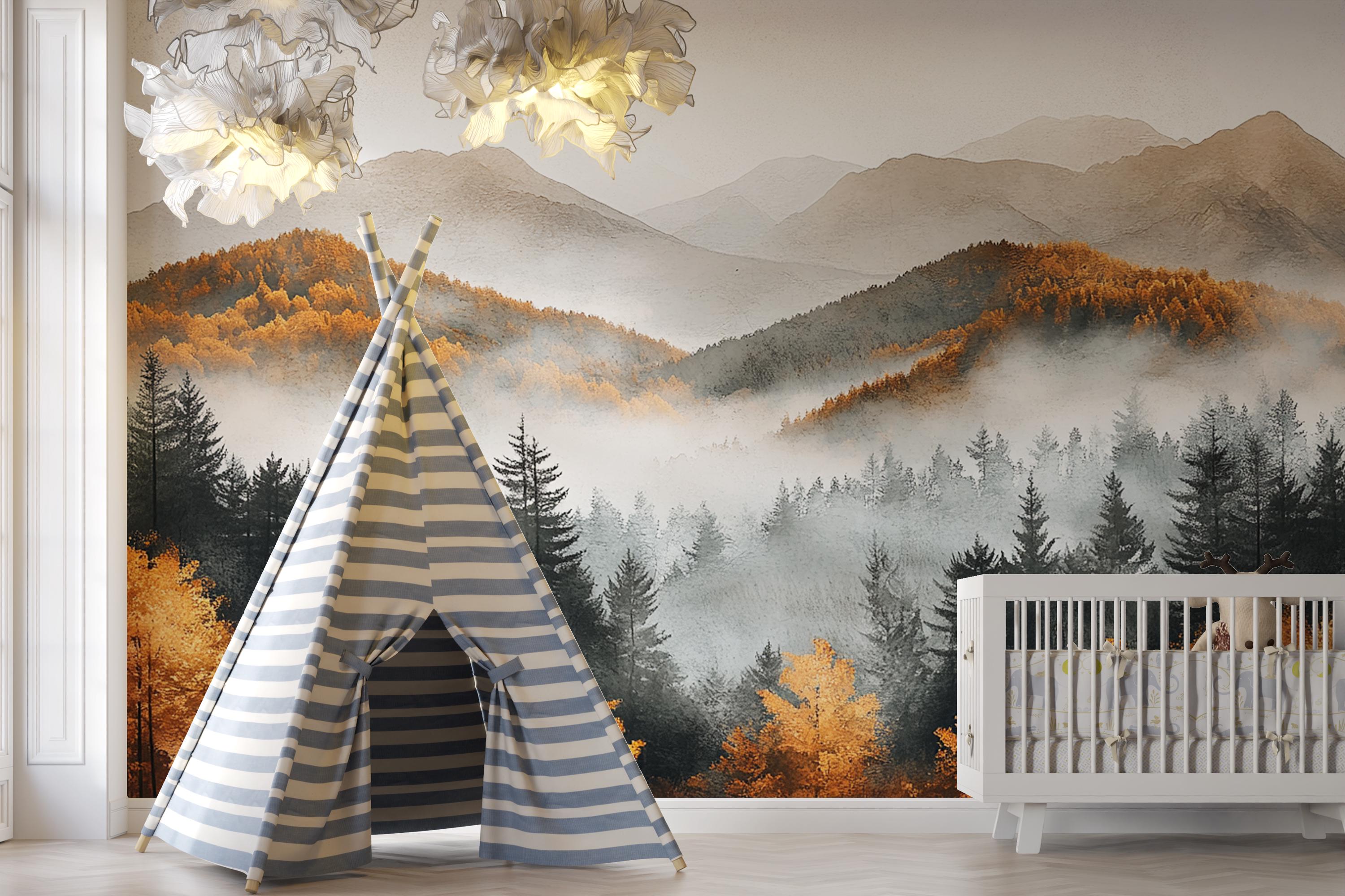 Amber Veil | Autumn Mountain Forest Mural | Misty Fall Landscape ...