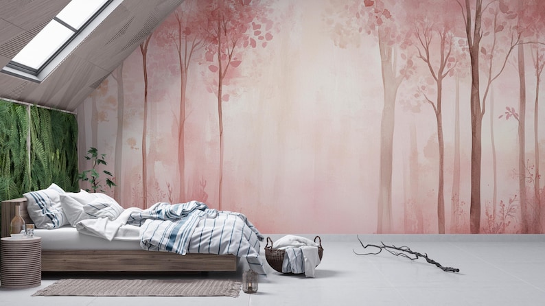 Whispering Blush Woods | Pink Tree Forest Mural | Soft Watercolor ...