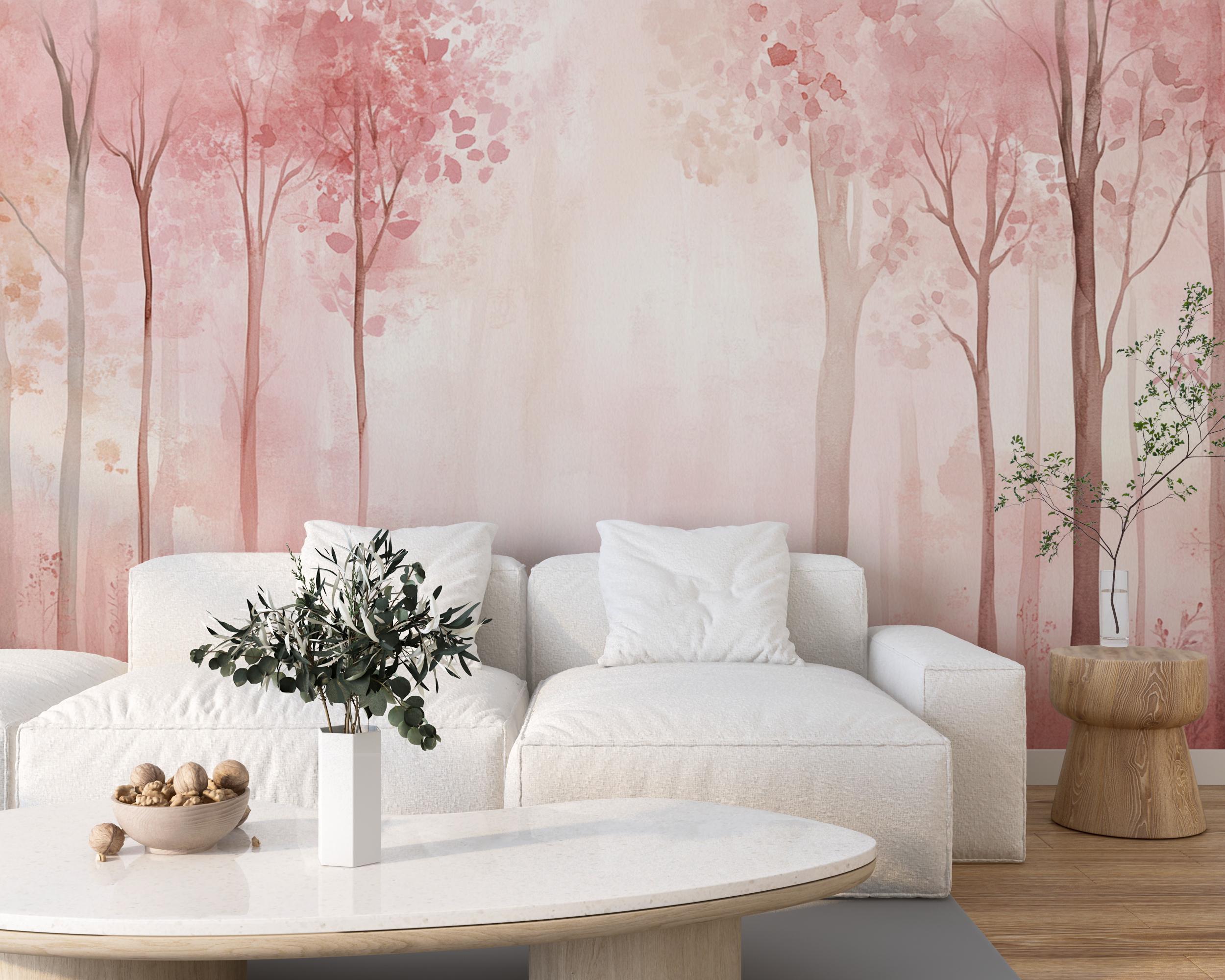 Whispering Blush Woods | Pink Tree Forest Mural | Soft Watercolor ...