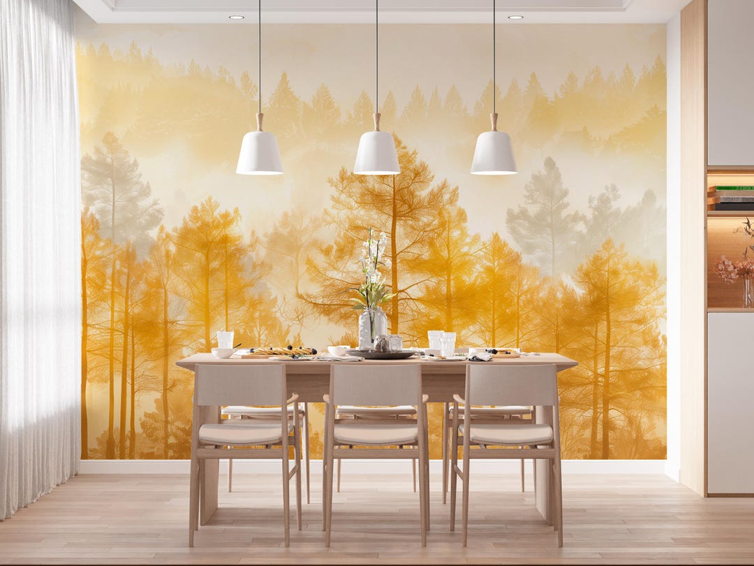 Sunlit Grove | Golden Forest Wall Mural | Warm Amber Peel and Stick ...