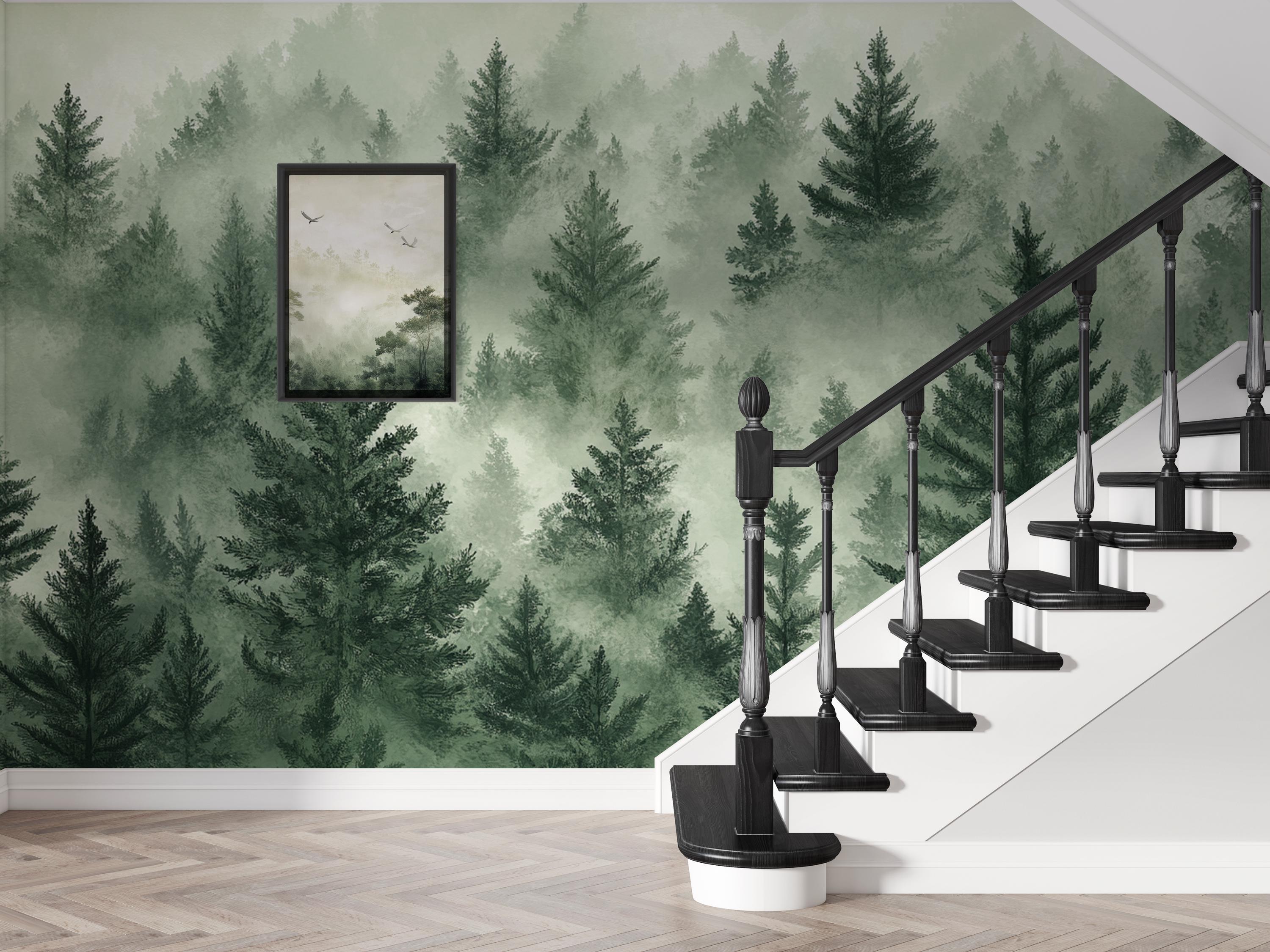 Emerald Pines Forest Mural | Dark Green Pine Tree Wallpaper | Misty ...