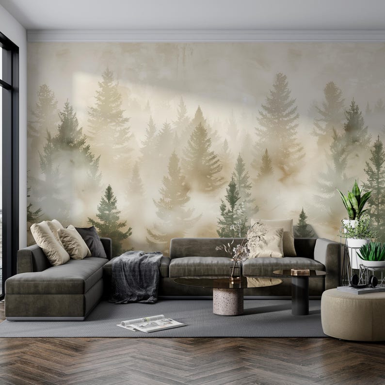 Woodland Haze | Neutral Sage Forest Mural | Beige Green Mist Peel and ...