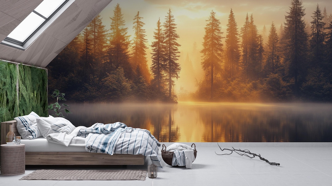 Golden Haze | Sunrise Forest Lake Mural | Warm Misty Morning | Nature ...