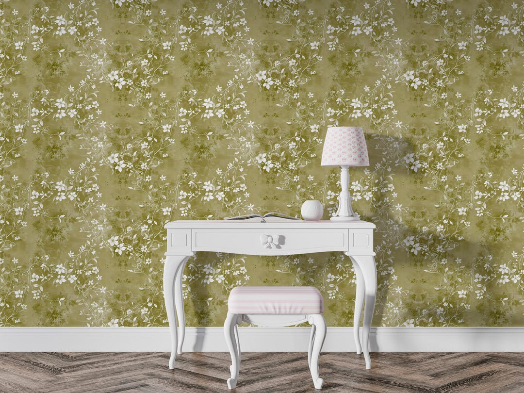 Olive Mist | Vintage Floral Vine Pattern Wallpaper | Watercolor ...
