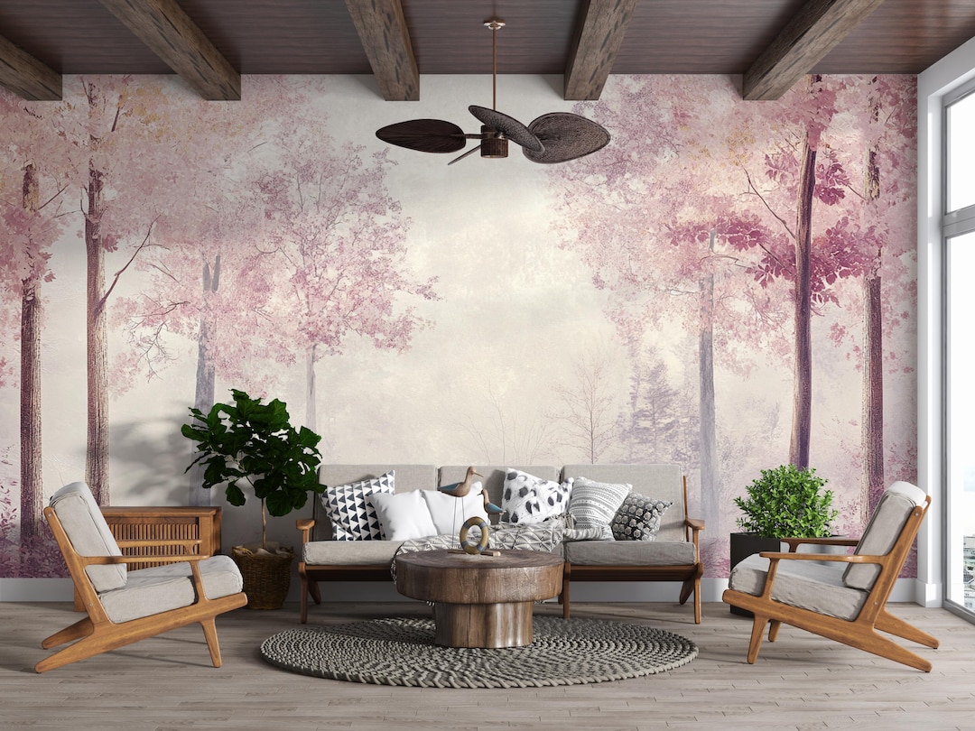 Blush Pink Forest | Soft Pastel Tree Wallpaper | Romantic Mural | Misty ...
