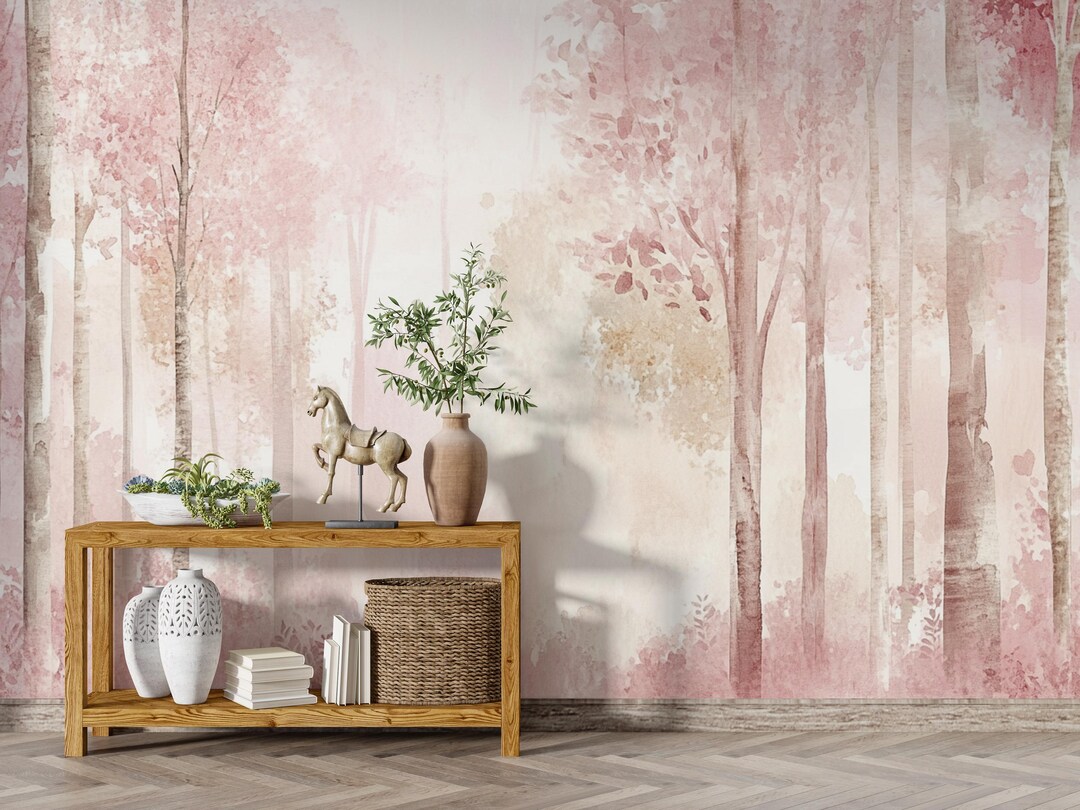 Blushed Birch Grove | Pink Tree Forest Mural | Watercolor Nursery ...