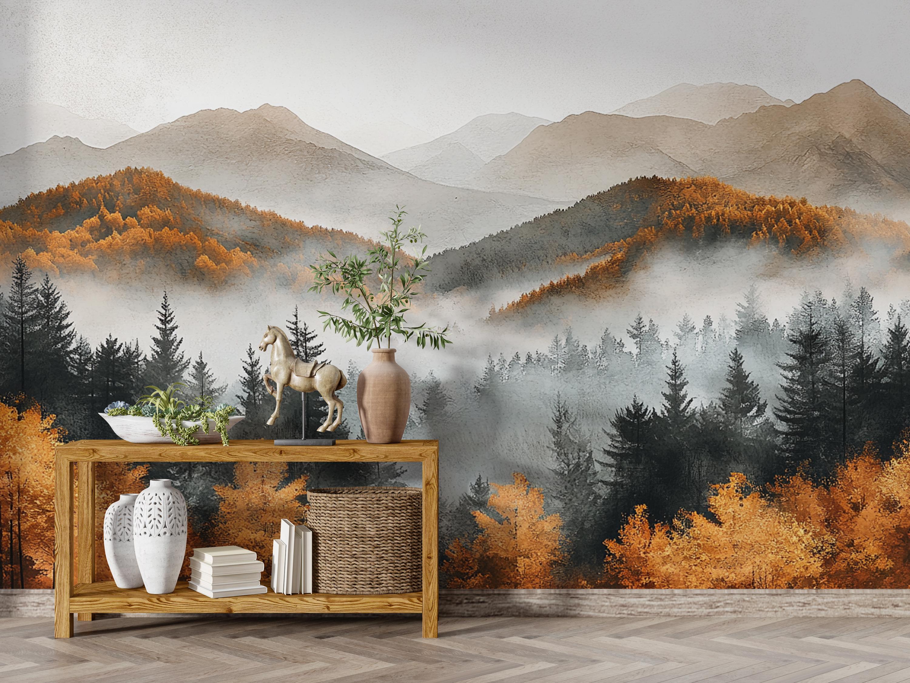 Amber Veil | Autumn Mountain Forest Mural | Misty Fall Landscape ...