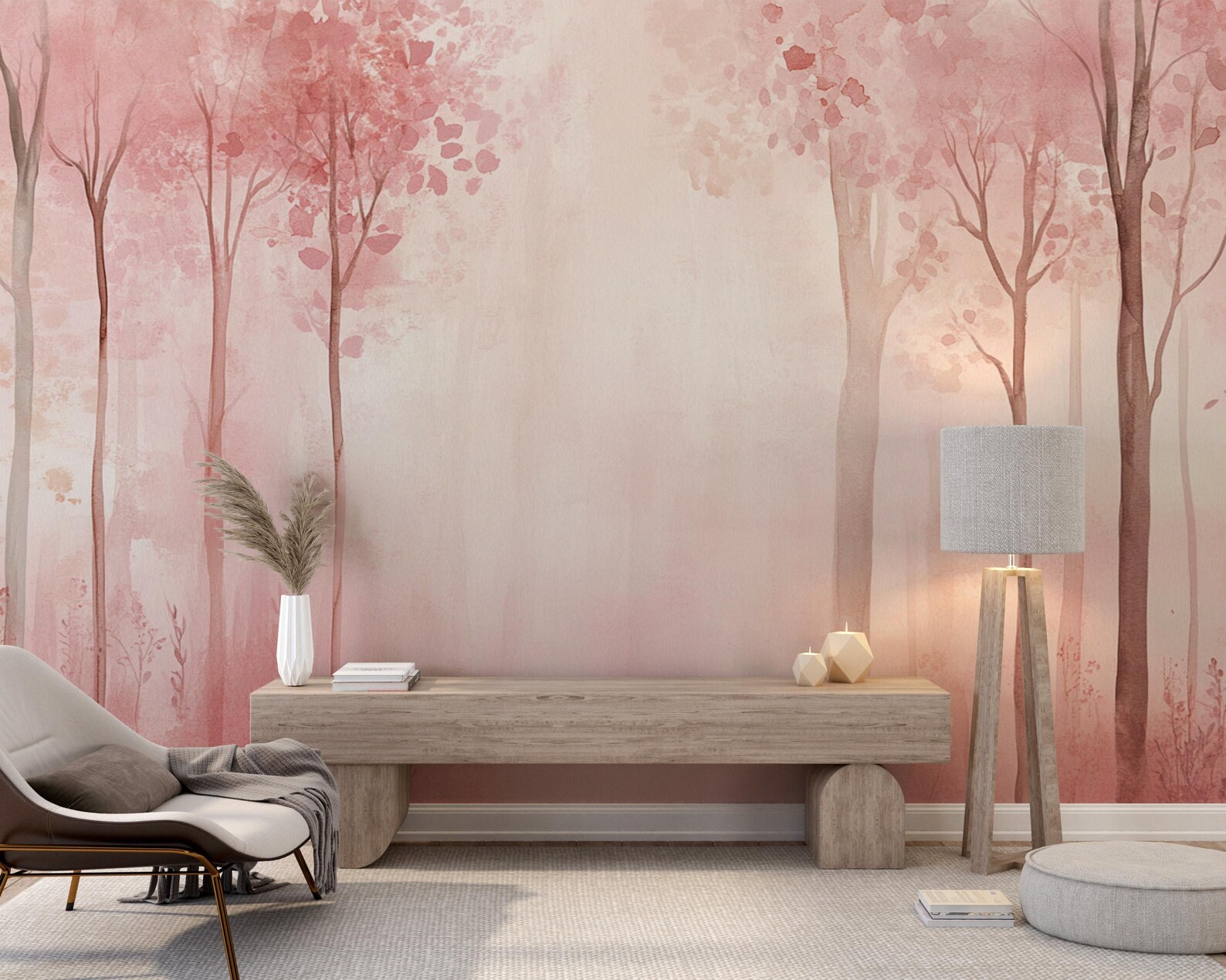 Whispering Blush Woods | Pink Tree Forest Mural | Soft Watercolor ...