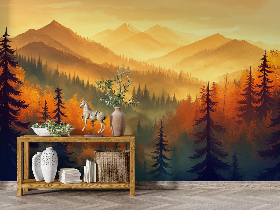Ambervale Ridge | Autumn Forest Wall Mural | Orange Mountain Landscape ...