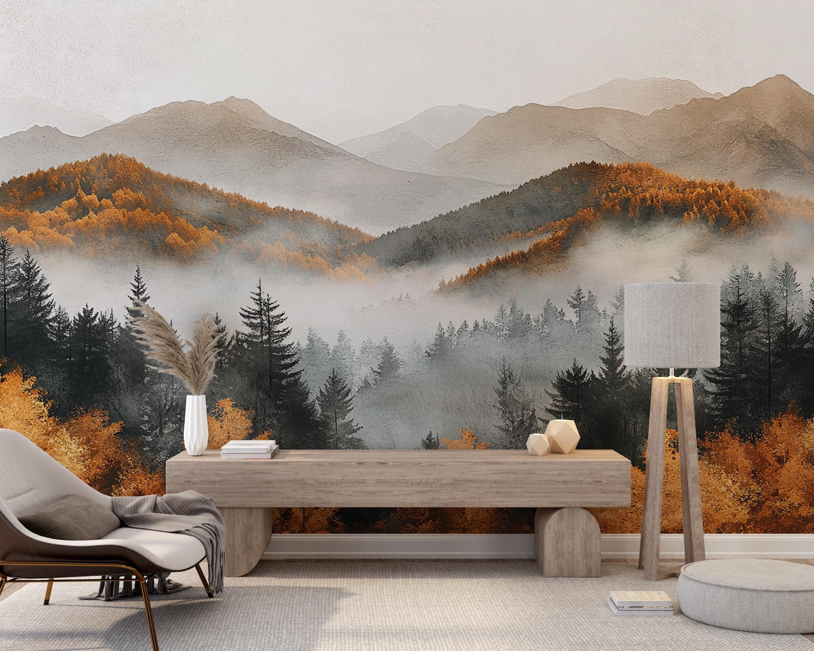 Amber Veil | Autumn Mountain Forest Mural | Misty Fall Landscape ...