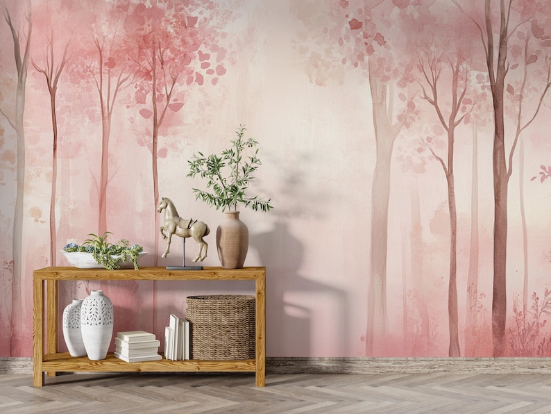 Whispering Blush Woods | Pink Tree Forest Mural | Soft Watercolor ...