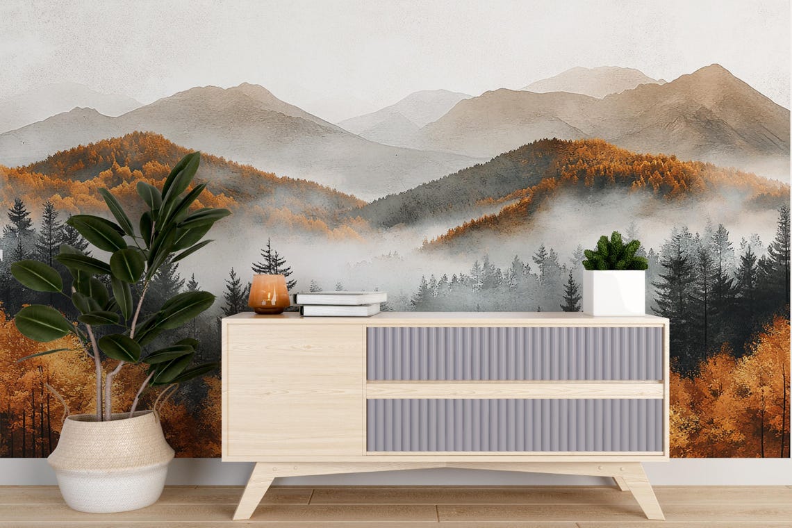Amber Veil | Autumn Mountain Forest Mural | Misty Fall Landscape ...