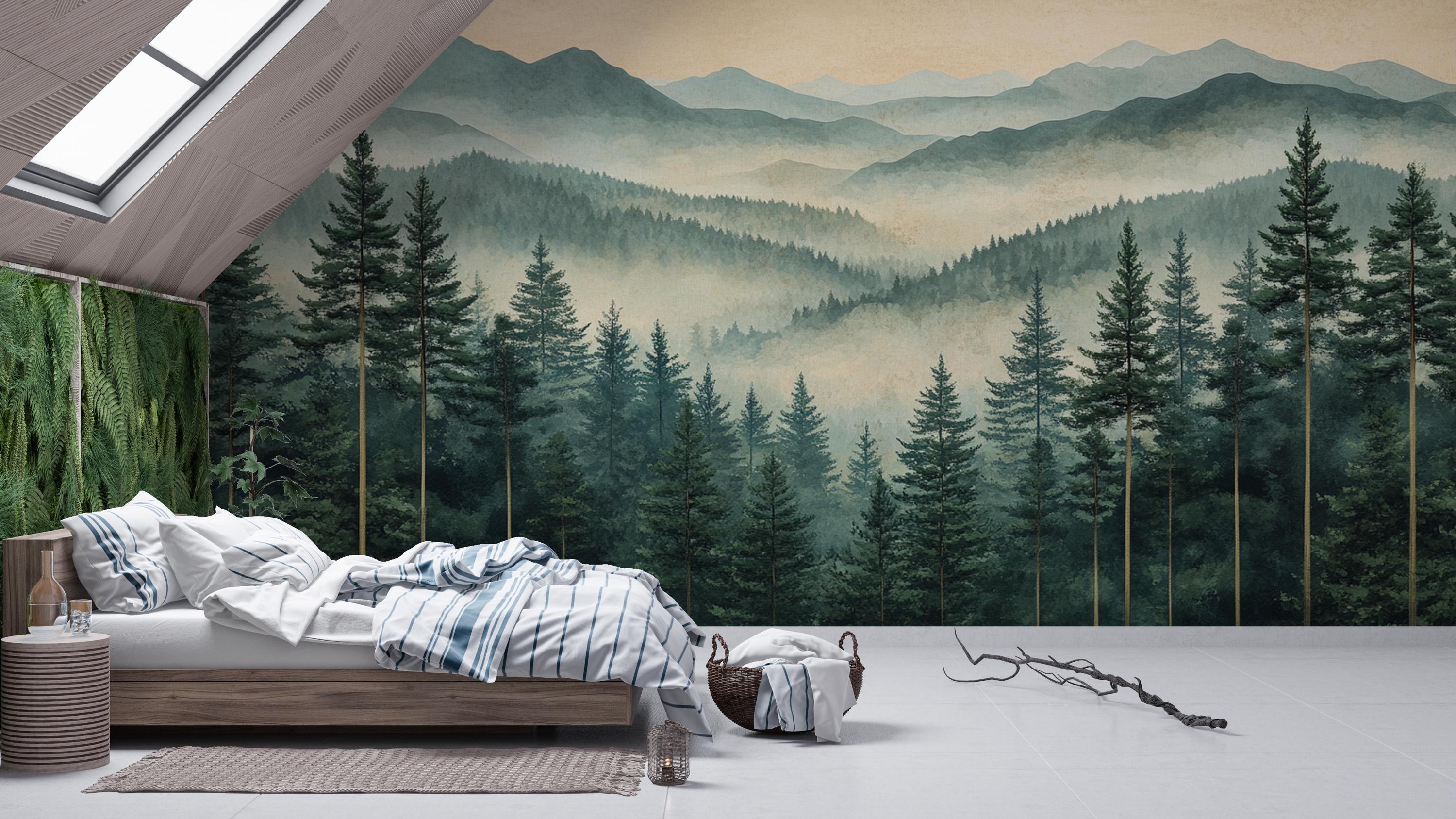 Whispervale Pines | Foggy Forest Wallpaper | Mountain Tree Mural ...