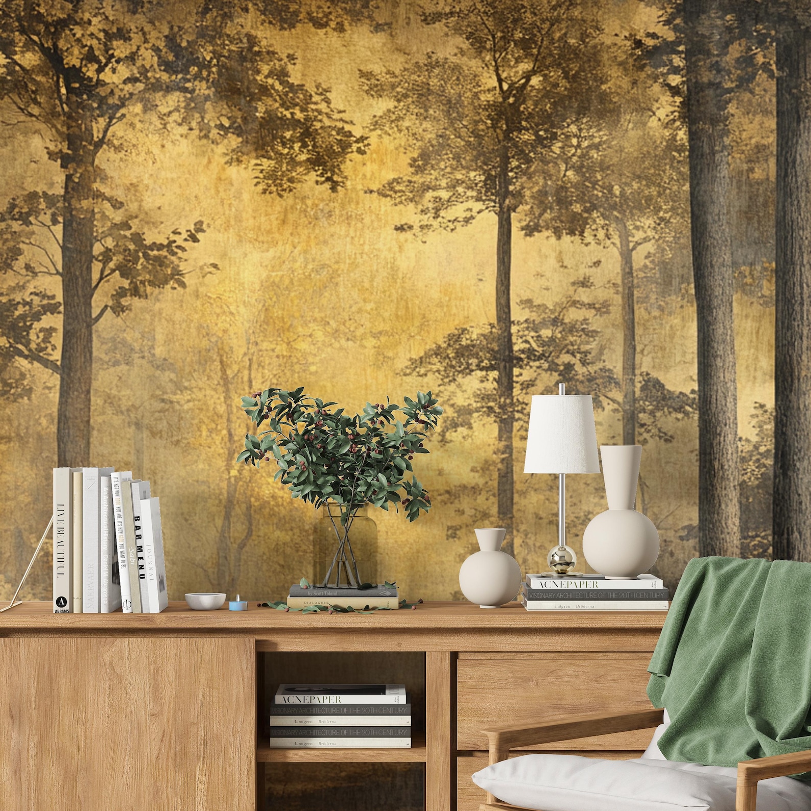 Amber Pathway | Forest Mural Wallpaper | Golden Autumn Peel and Stick ...