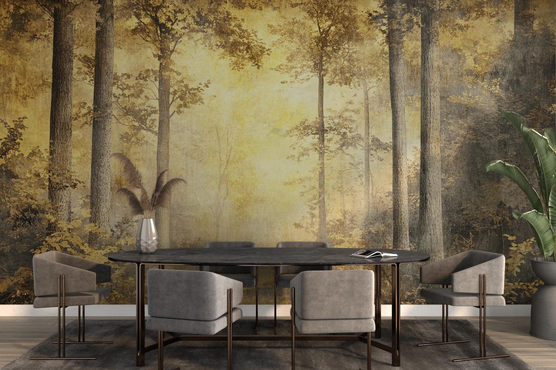 Amber Pathway | Forest Mural Wallpaper | Golden Autumn Peel and Stick ...